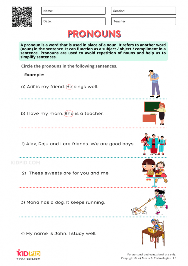 Identification of Pronouns Worksheets for Grade 2 - Kidpid