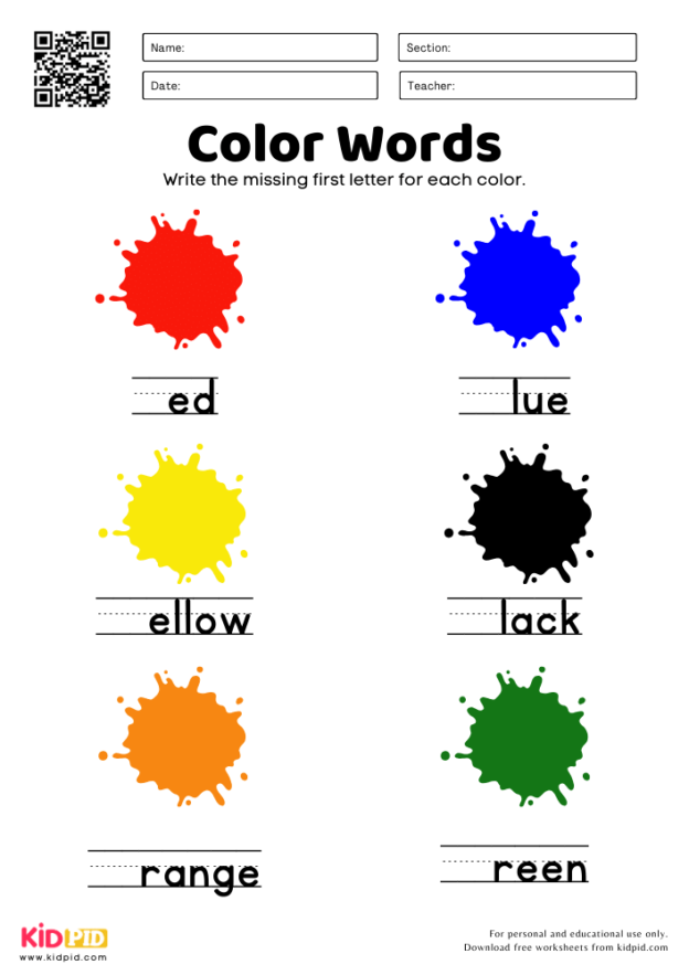 Color Vocabulary Worksheet For Kindergarten - Kidpid