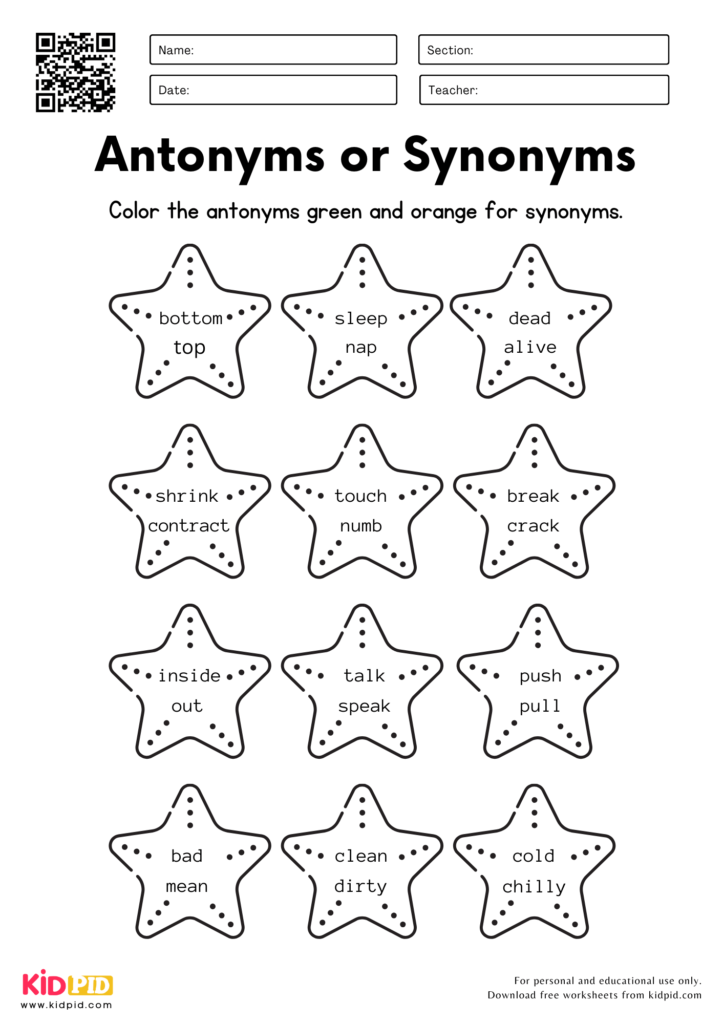 Color the Antonyms & Synonyms Worksheet For Grade 1 - Kidpid