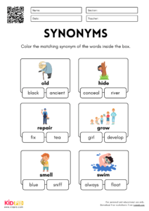 Color the Matching Synonyms Worksheet for Grade 1 - Kidpid