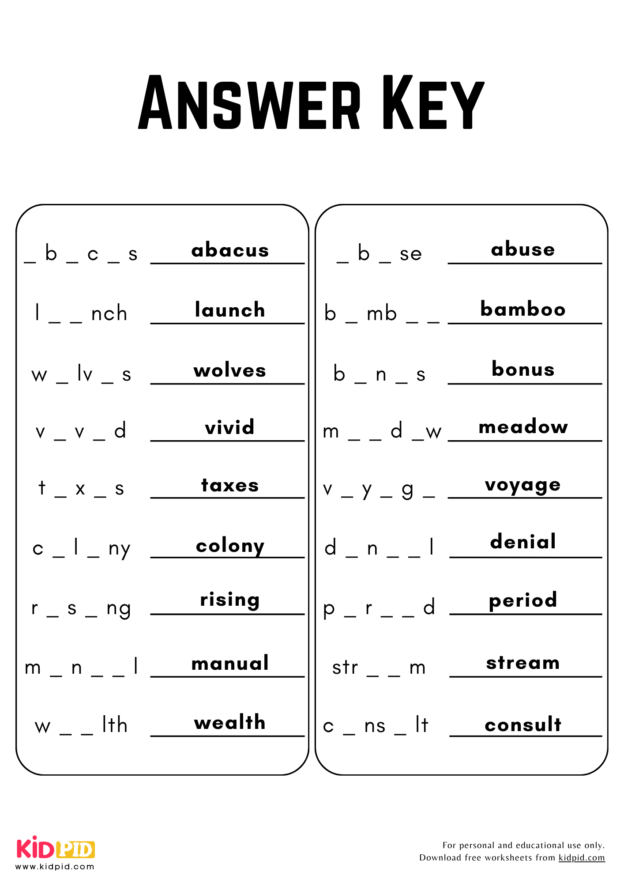 Missing Vowels Worksheet for Grade 5 - Kidpid