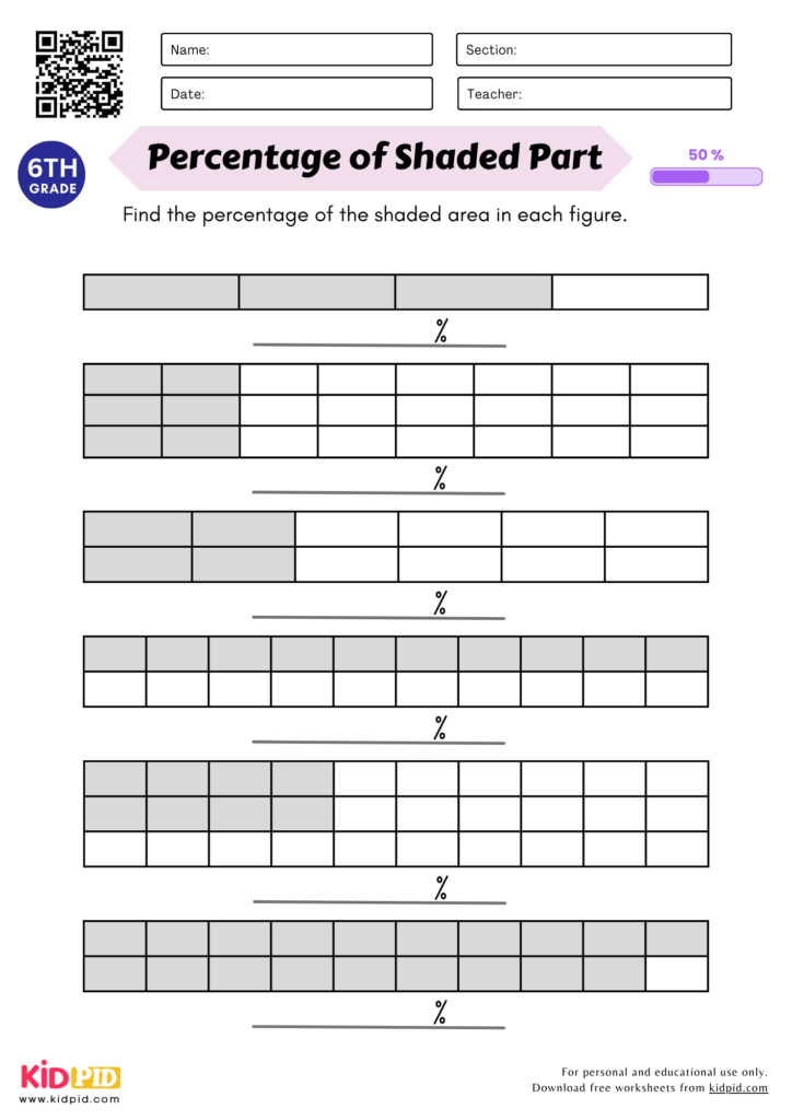 Percentage of Shaded Part Worksheet for Grade 6 - Kidpid