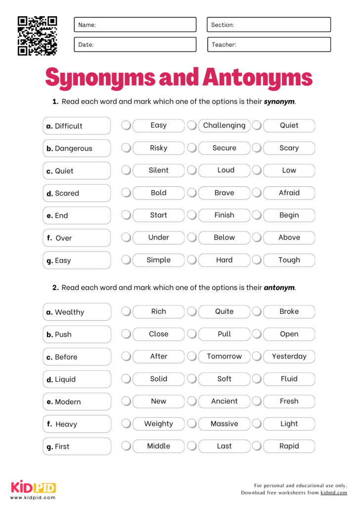 Synonyms and Antonyms Worksheet For Grade 2 - Kidpid