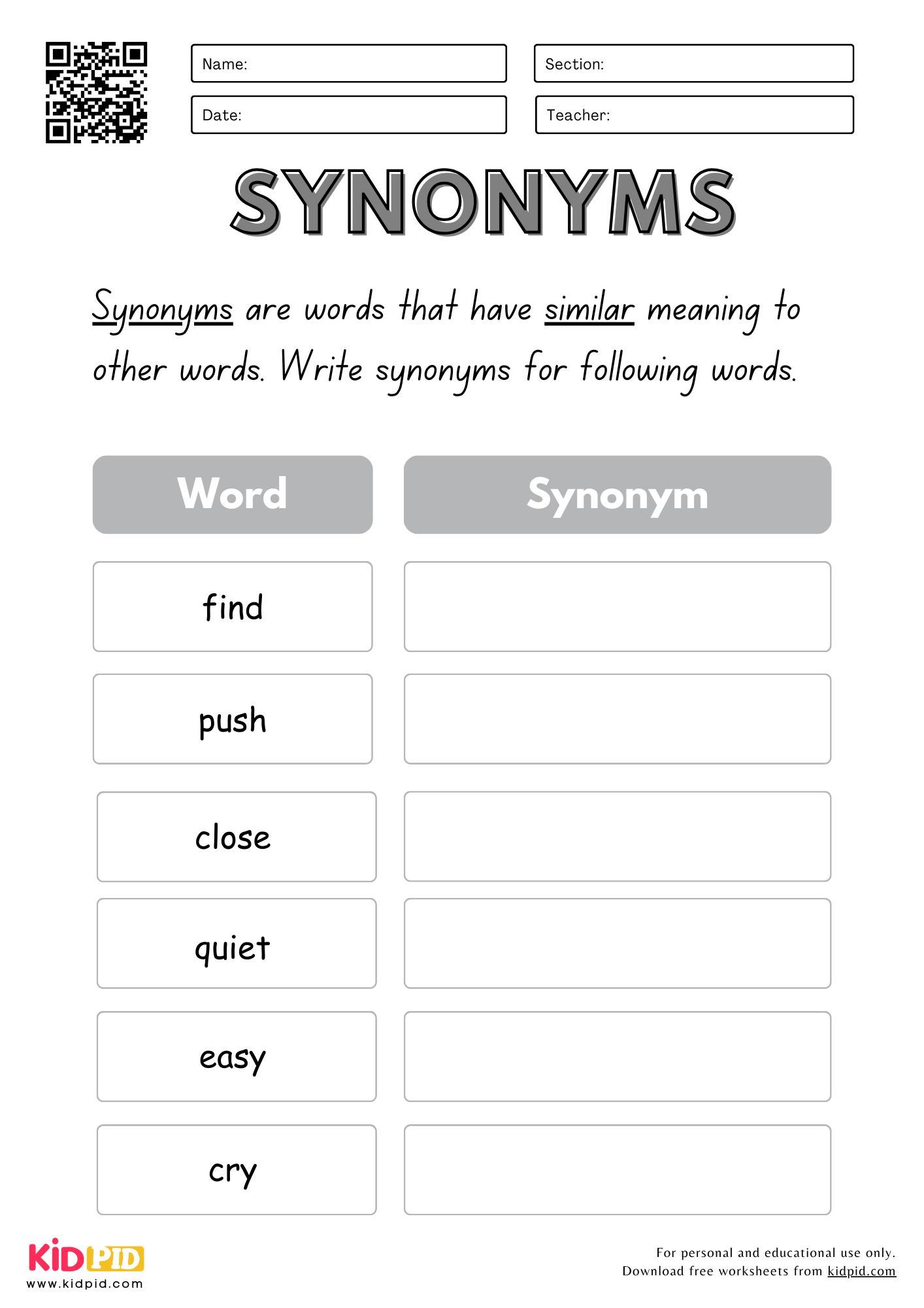 Write Synonyms Worksheet For Grade 4 Kidpid