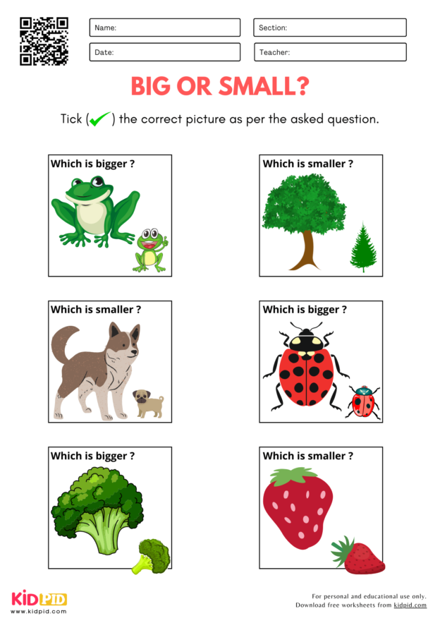 Big or Small Size Comparison Worksheet for Kindergarten - Kidpid