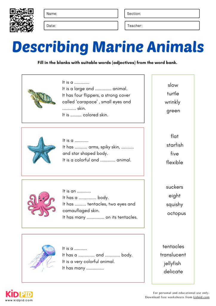 Describing Marine Animals - Adjectives Worksheet for Grade 3 - Kidpid