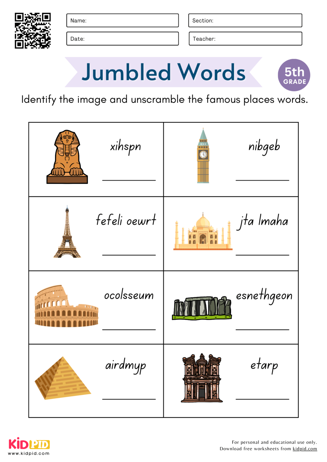 Jumbled Famous Places Words Worksheet for Grade 5 - Kidpid