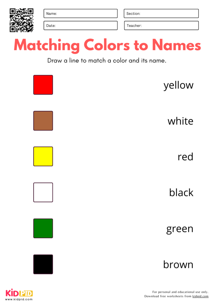 Match Color With Name Worksheet for Kindergarten - Kidpid
