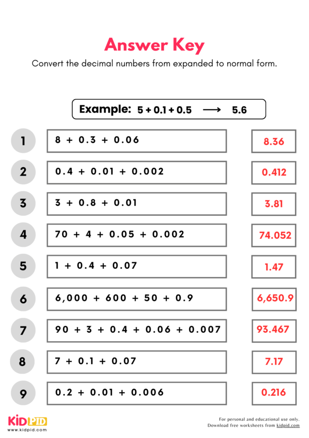 Convert Decimal Numbers (Expanded to Normal Form) Place Value Worksheet ...