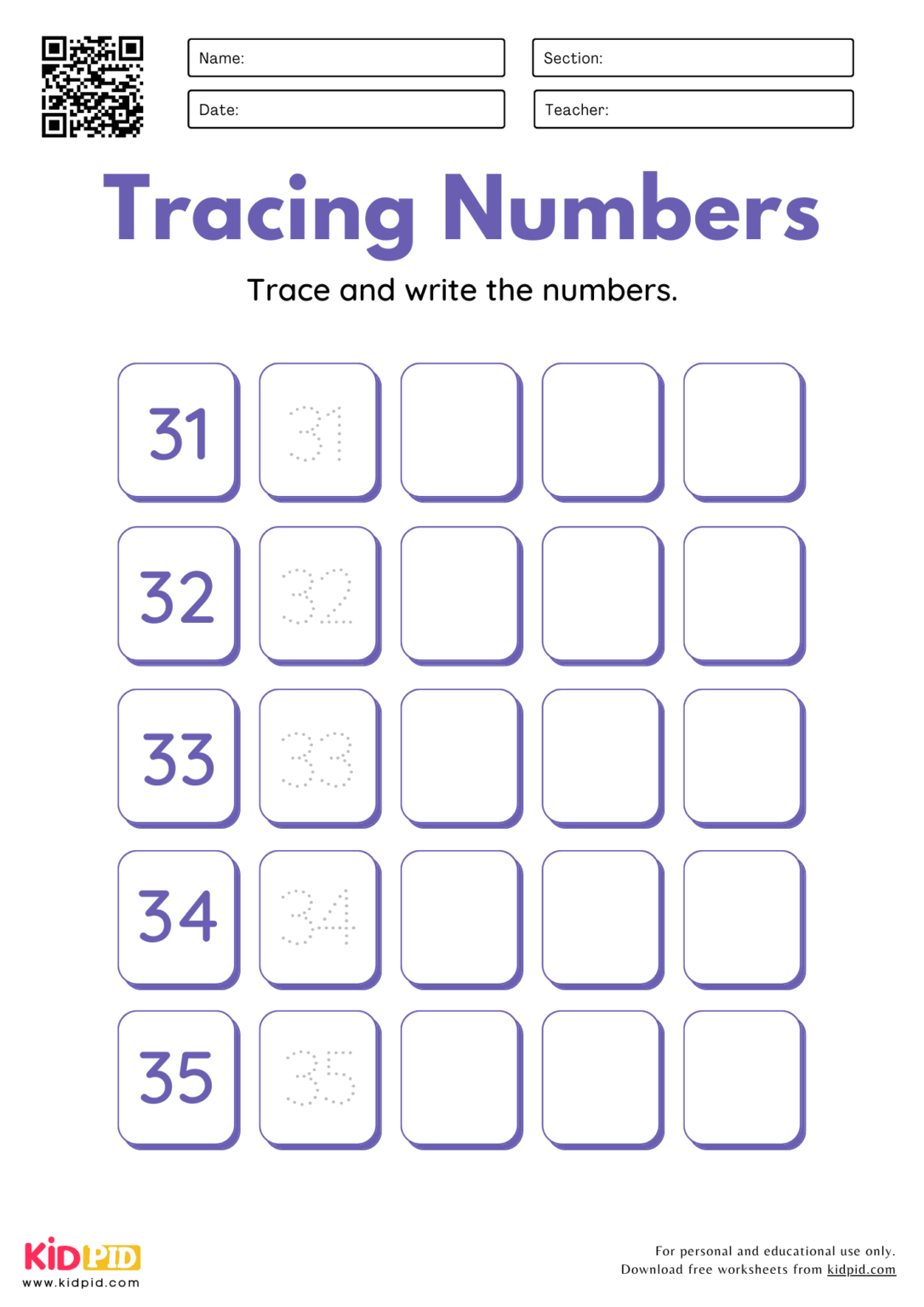 Number Tracing & Writing (26 - 50) Worksheets for Grade 1 - Kidpid