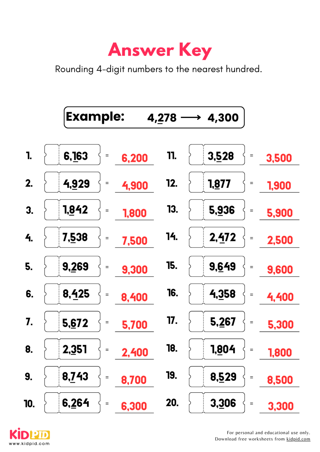 Rounding 4 Digit Numbers to Nearest 100 Worksheet For Grade 3 - Kidpid