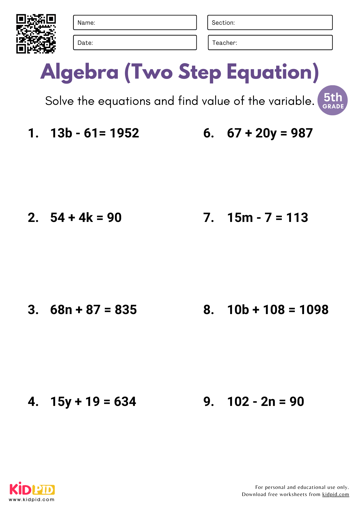 Variable Equations Worksheet Algebraic Equations Two Step 