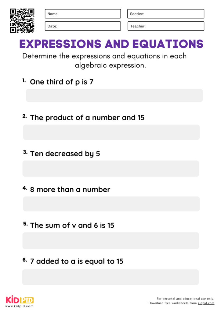 Determining Expression & Equation Worksheet For Grade 5 - Kidpid