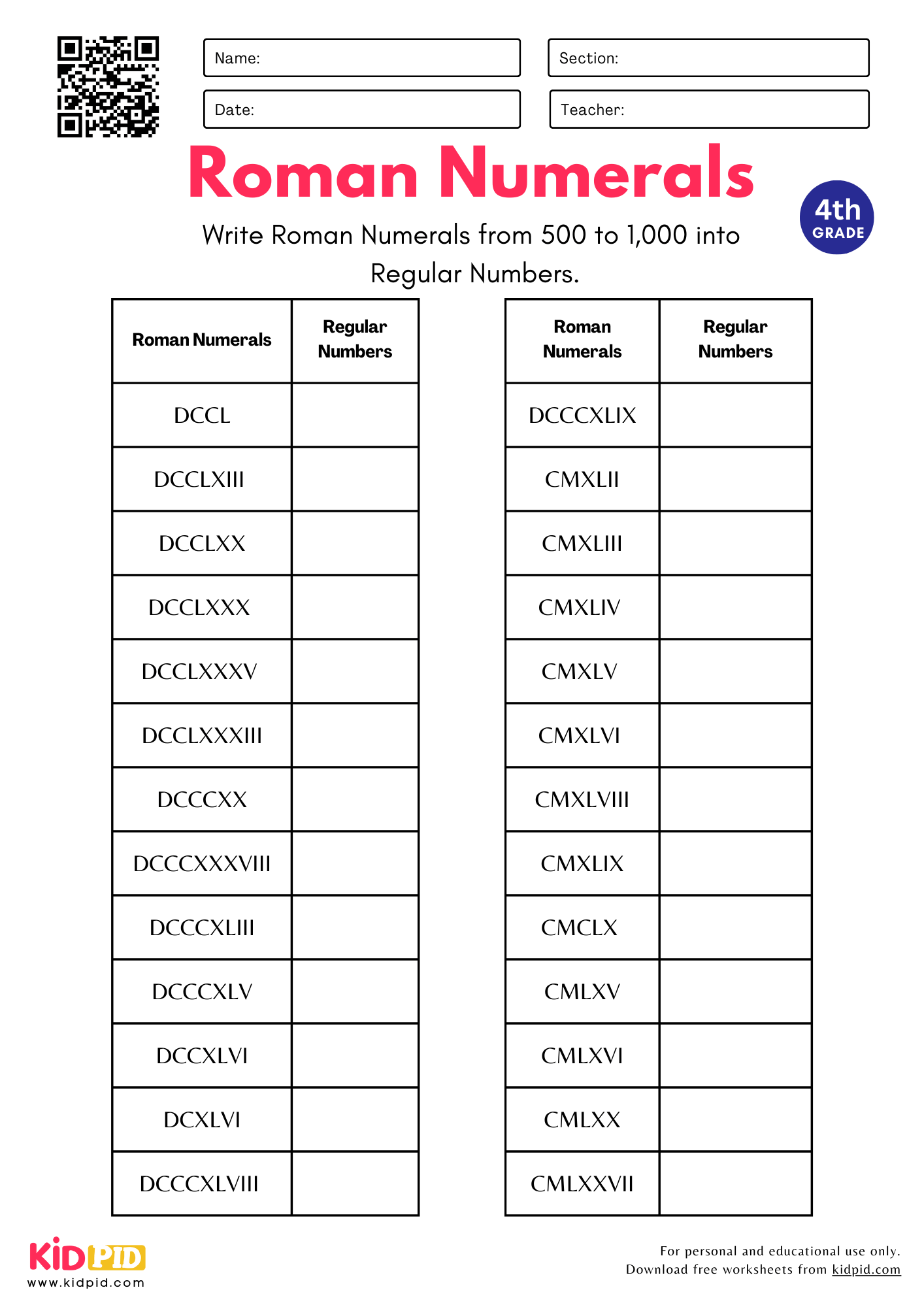 Roman Numbers From 500 To 1 000 Into Regular Number Worksheets For