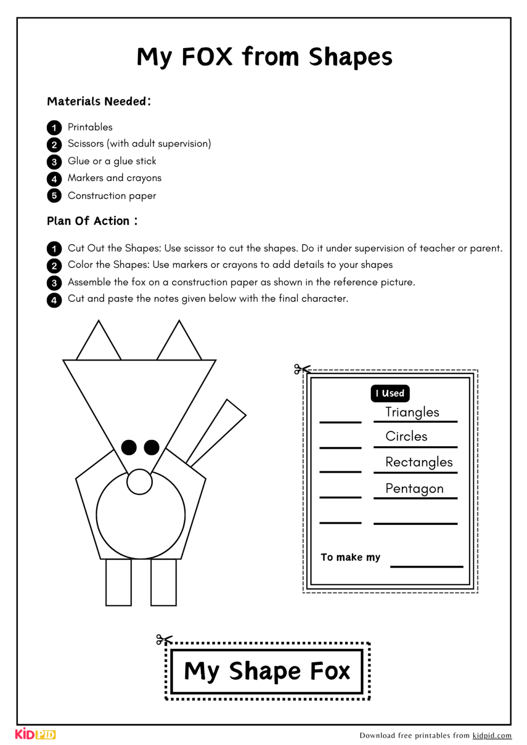 Shape Fox Cut Out Printable for Kids: Coloring & Puzzle Activity - Kidpid