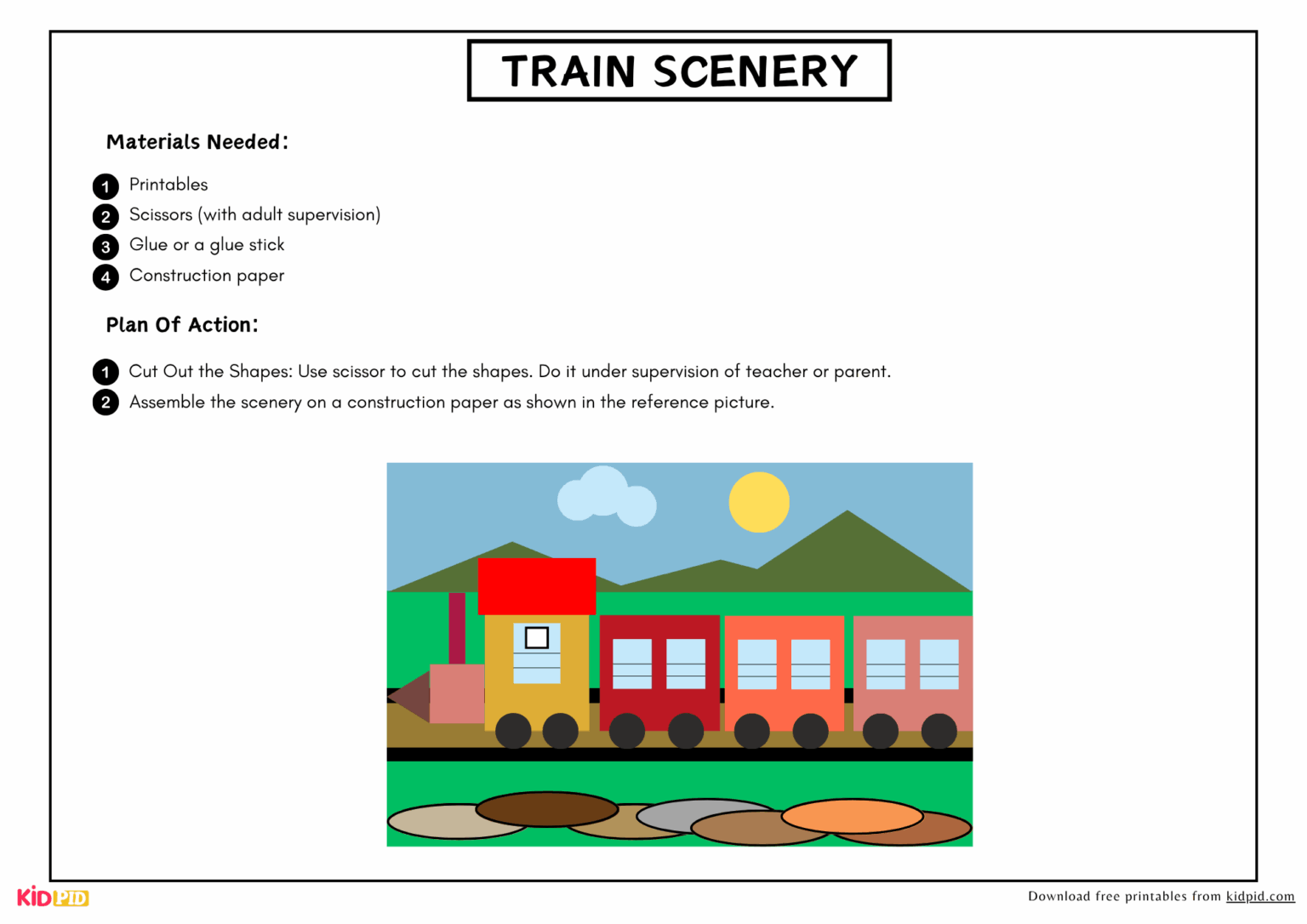 Colorful Train Scene Cutout - Free Printable for Kids - Kidpid